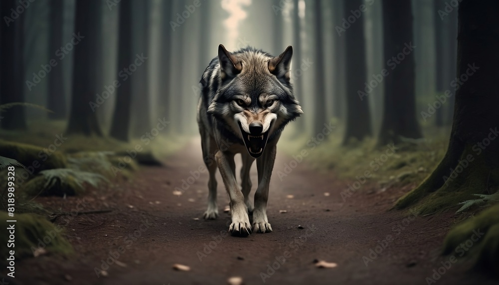 Angry lone wolf walking alone in a forest path, showing teeth, front ...