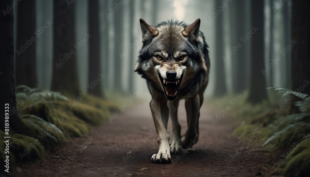 Angry lone wolf walking alone in a forest path, showing teeth, front ...