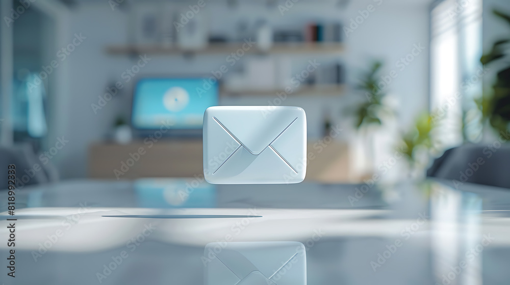 Modern Office Scene with Floating Email Icon and Sunlit White Desk ...