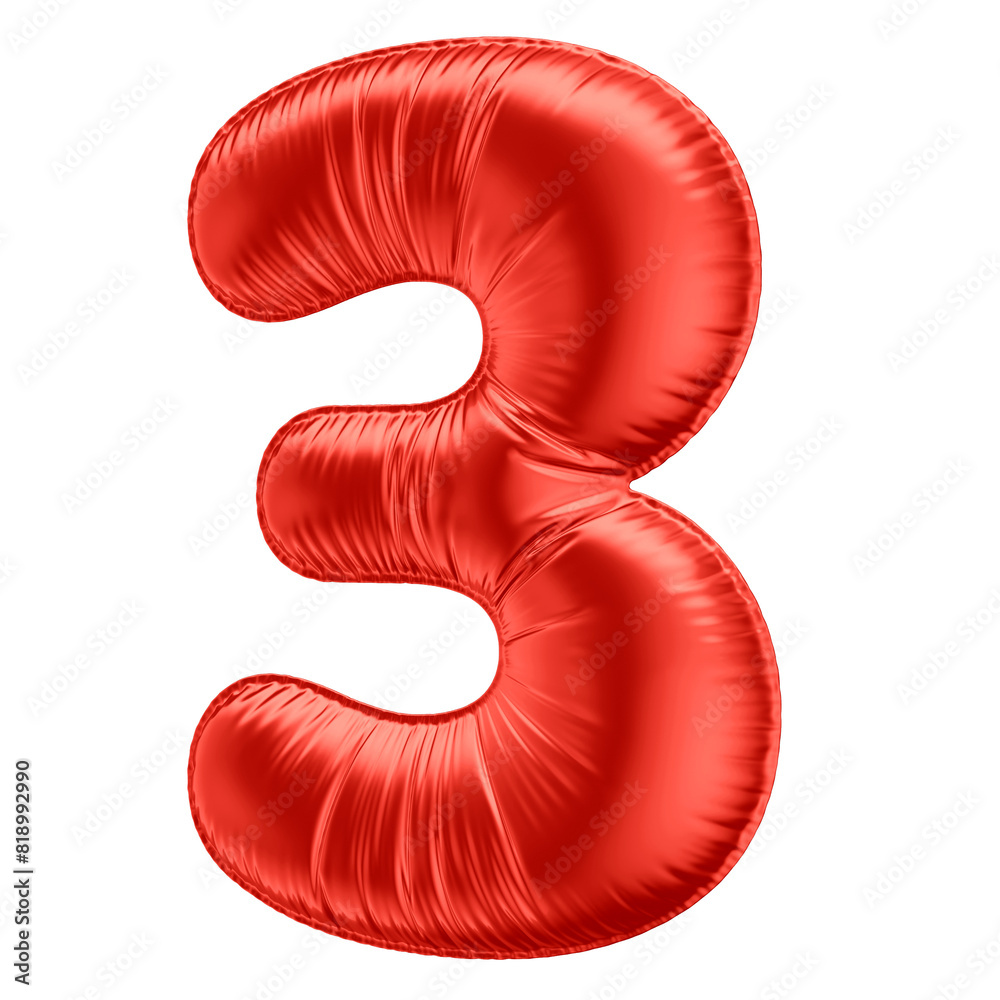 3D Number 3 in Red Balloon Shape with Transparent Background Stock ...