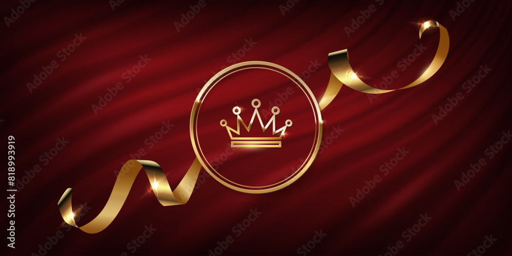 Gold award frame with golden silk ribbon on red curtain vector ...