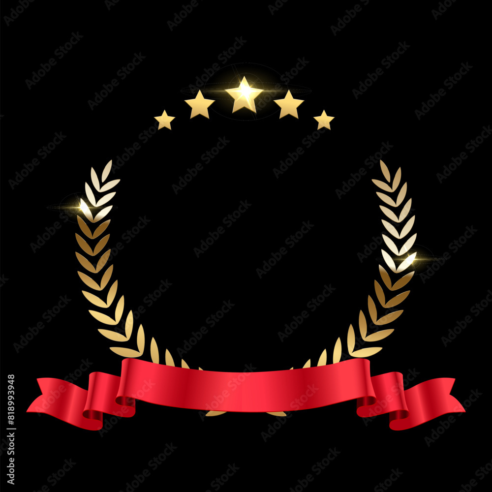 Gold laurel wreath with red ribbon, stars and place for name of winner ...