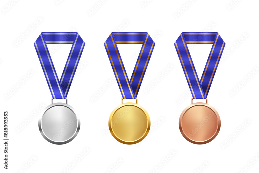 Gold, silver, bronze medals with blue ribbon set vector illustration ...