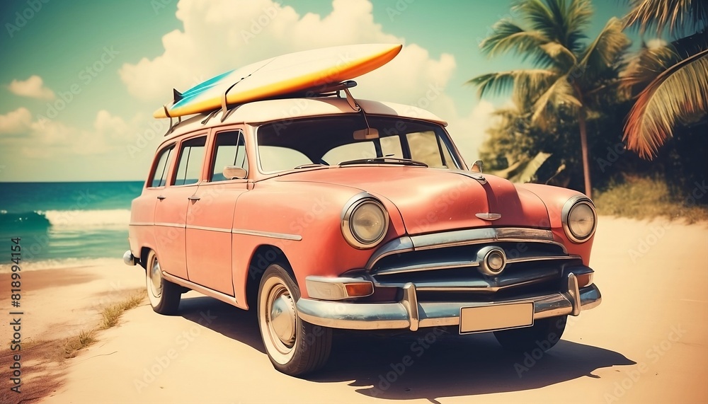 vintage car parked on the tropical beach with a surfboard on the roof ...