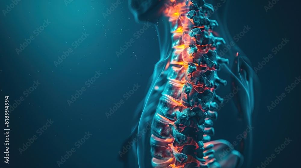 Human spine in x-ray on blue background. The neck spine is highlighted ...