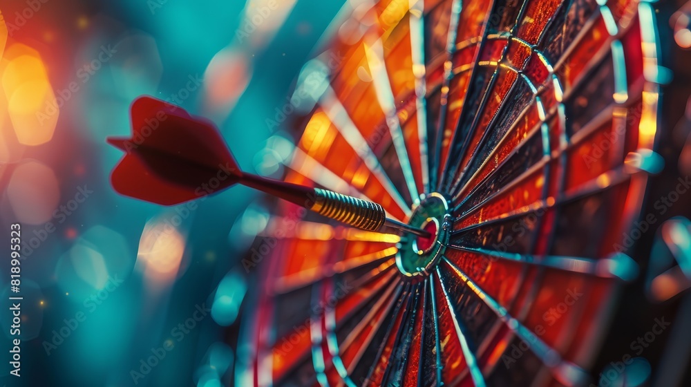 A sharp, focused image of a dart hitting the bullseye on a target ...