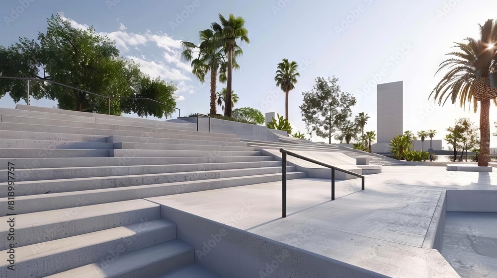 modern skatepark design mockup concrete ledges stairs and railings in ...