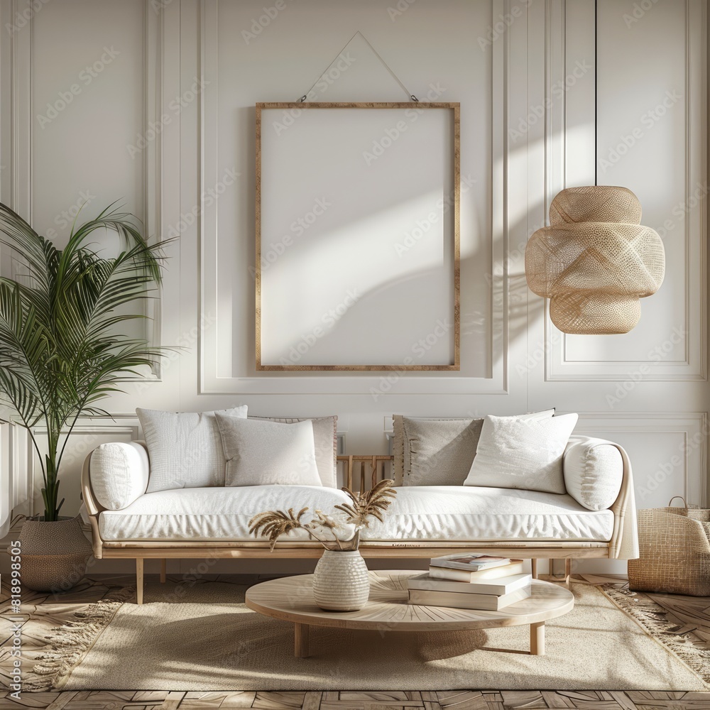 Living room poster mockup with a frame in ISO A paper size, set against ...