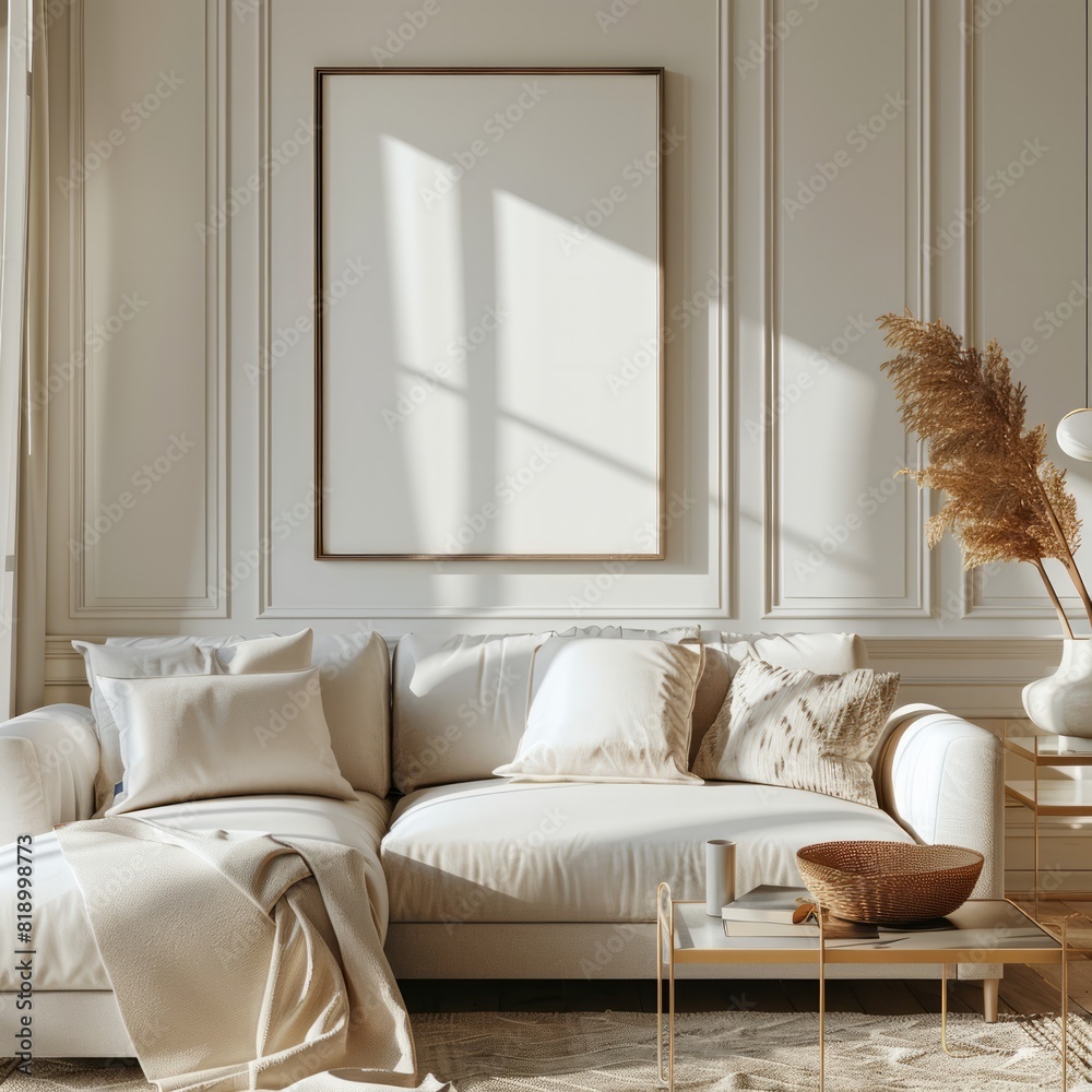 Living room poster mockup with a frame in ISO A paper size, set against ...