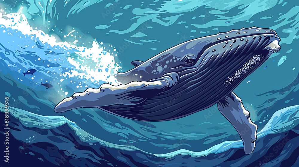 ภาพประกอบสต็อก flying whale, comic style, drawn, illustration ...