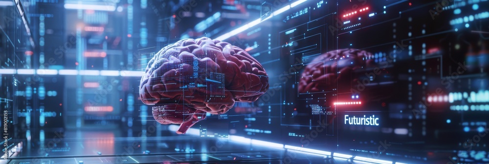 Hologram with neural artificial intelligence brain for futuristic research, technology ...