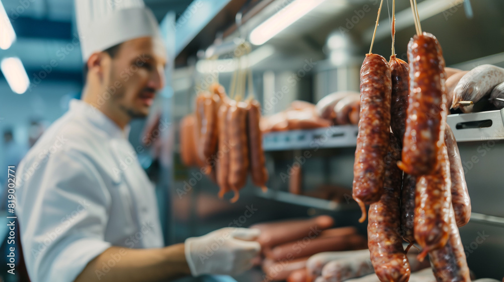 copy space, stockphoto, male butcher with many raw sausages hanging on ...