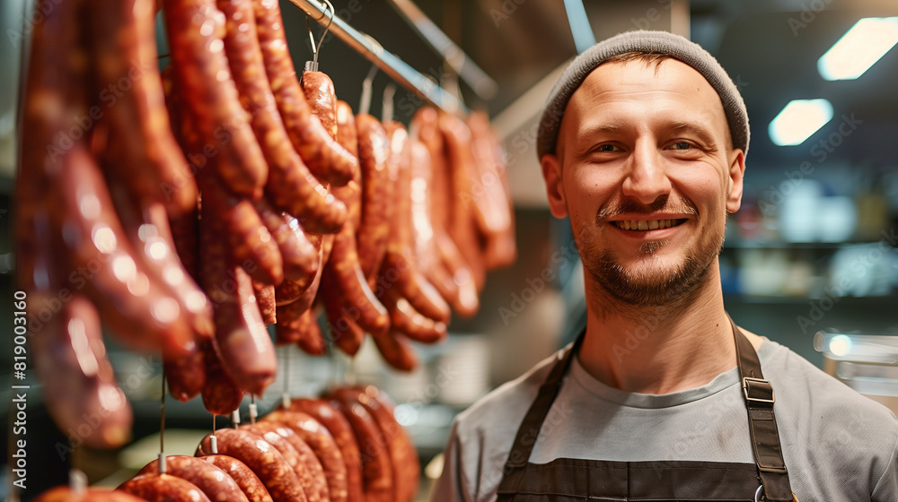 copy space, stockphoto, male butcher with many raw sausages hanging on ...