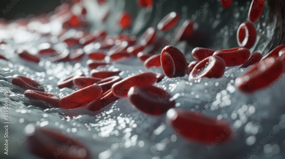 Highlight an illustration of red blood cells in an artery, focusing on ...