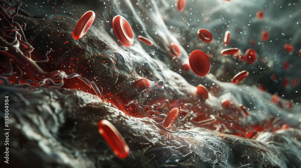 Highlight an illustration of red blood cells in an artery, focusing on ...