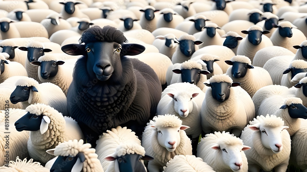 A black sheep among a flock of white sheep, raising head as a leader ...