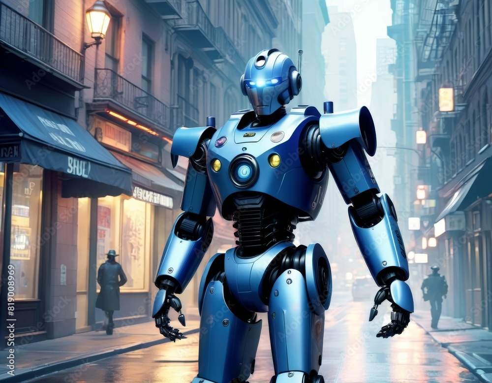 A blue humanoid robot patrols a misty urban street, its design and ...