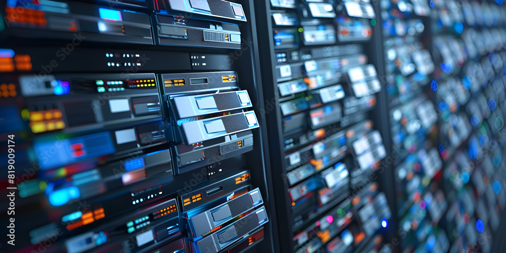 Inside a data center showcasing rows of servers and network connections ...