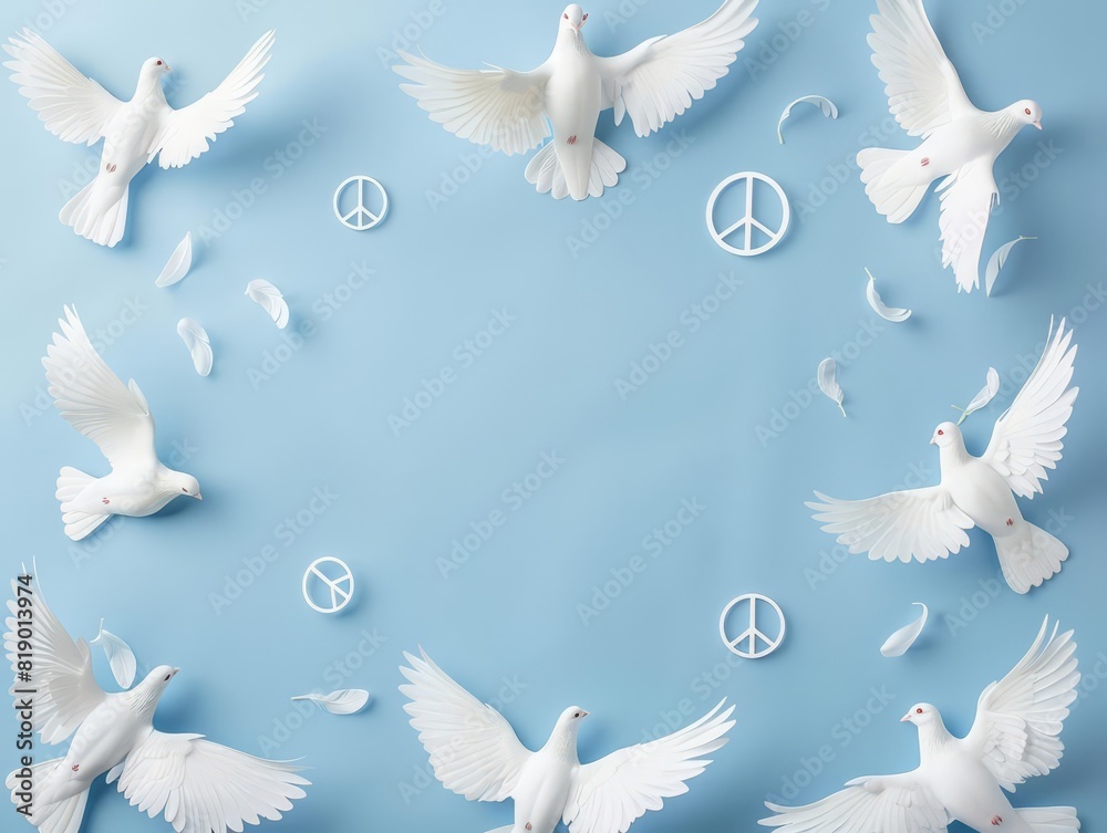 Light blue background with white doves and peace symbols for ...