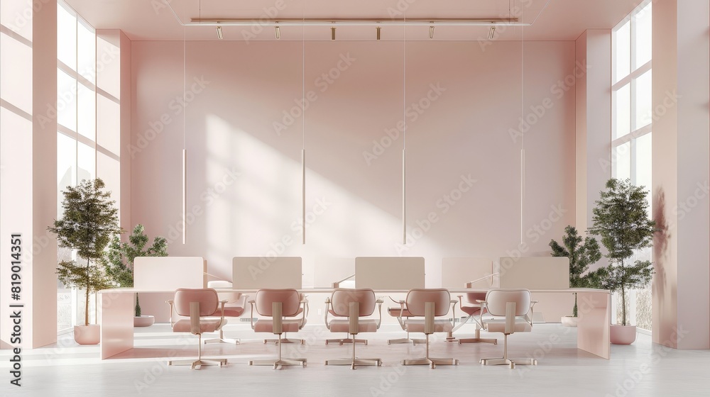 Pastal pink minimal modern open co-working space interior with meeting ...
