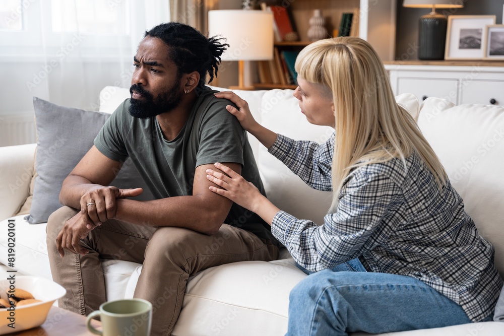 Communication problems, relationship difficulties. Young couple man and ...