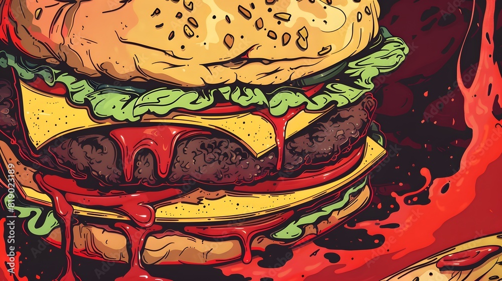Comics of Close-up of a juicy hamburger, layers of cheese, lettuce ...