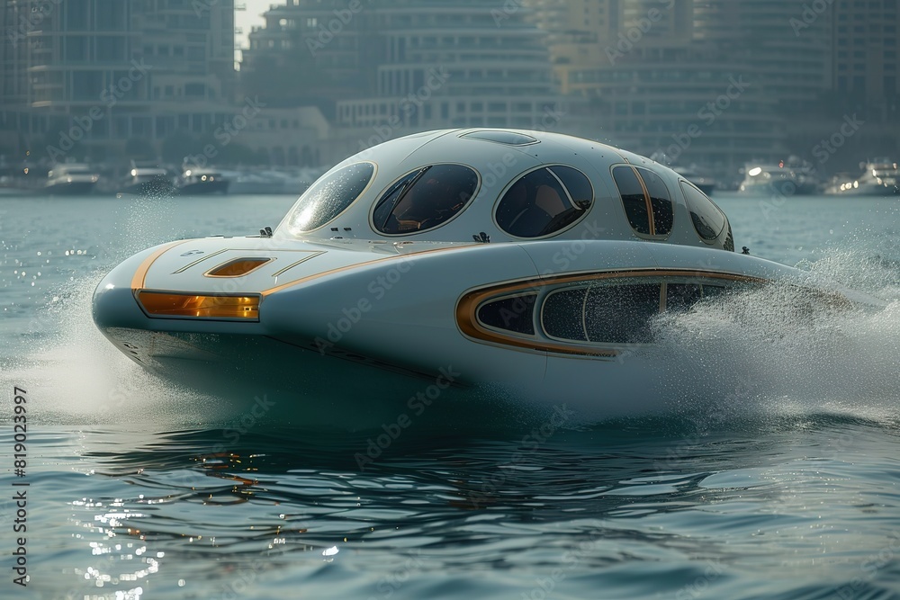 Modern Hydrofoil Boat A hydrofoil boat gliding above the water's ...