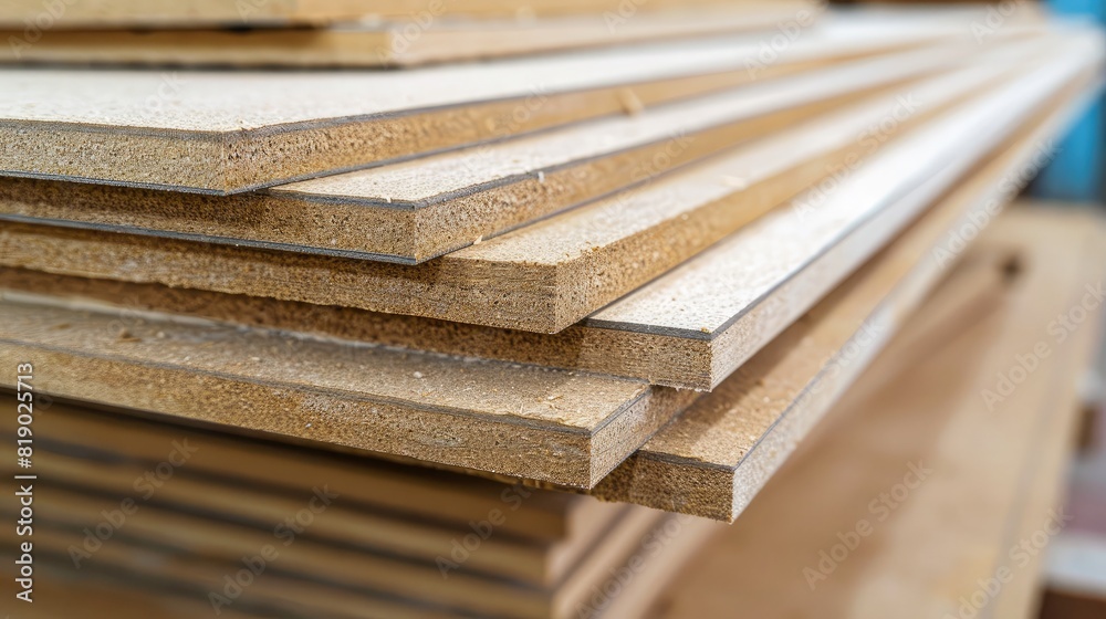MDF particle board sheets with a natural wood texture, stacked and ...