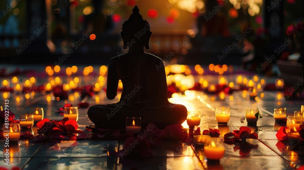 serene shadow of a Buddha statue against a temple background during ...