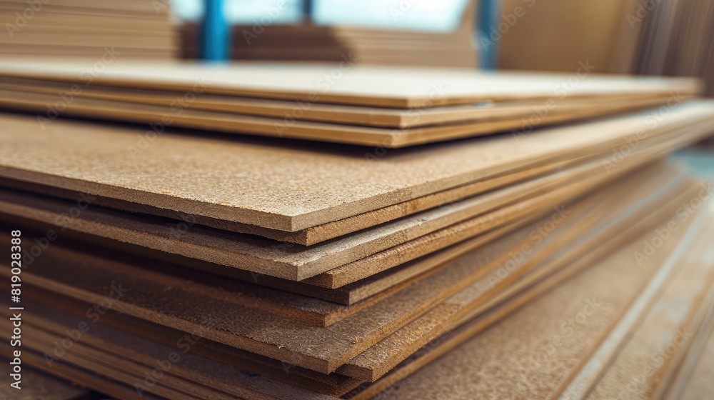 stack of MDF particle boards with a detailed wood texture, ready for ...