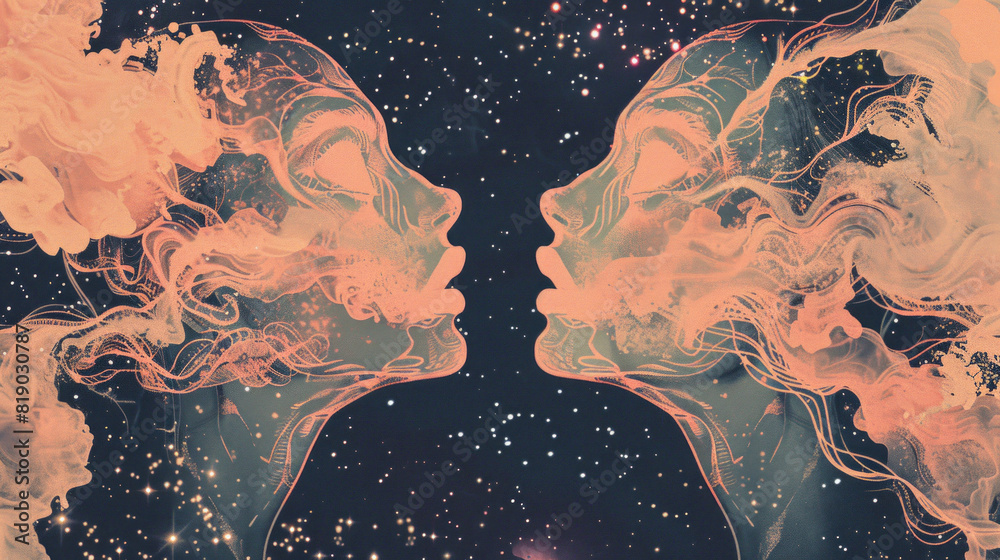 Zodiac sign Gemini featuring twin celestial with pastel peach stardust ...