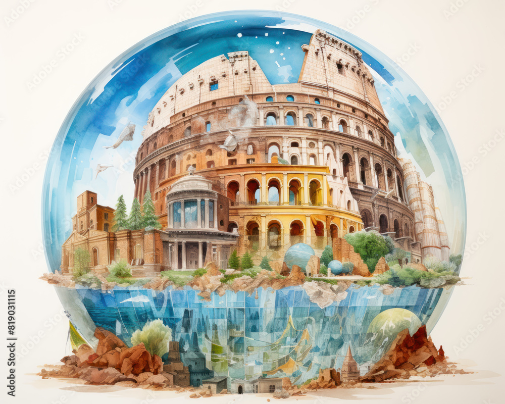 The image shows a beautiful illustration of the Colosseum in Rome. The ...