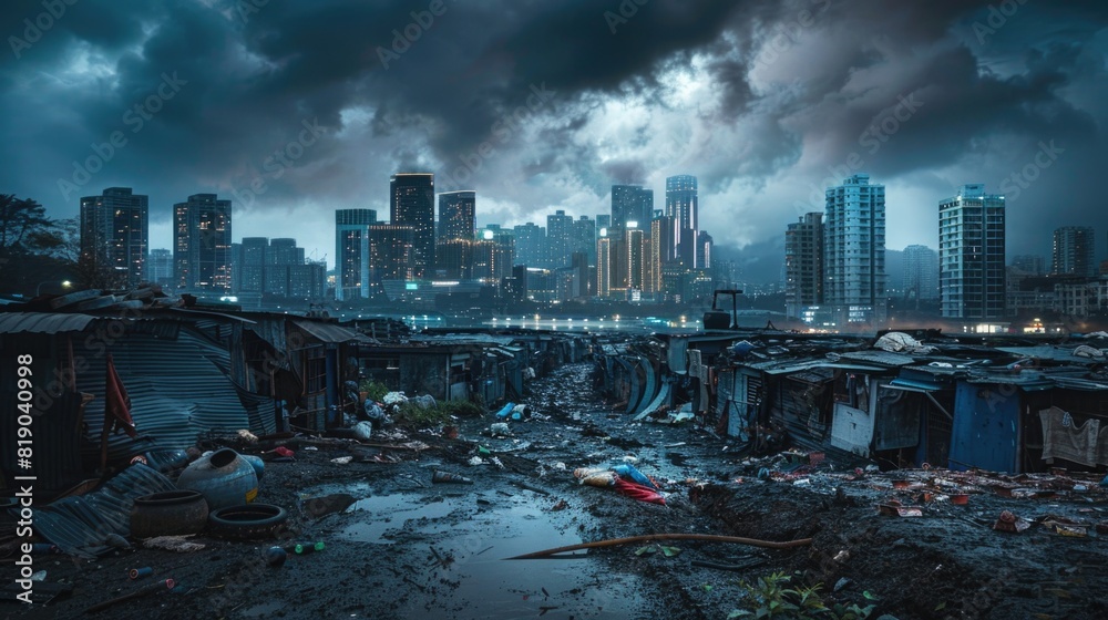 Contrast between a wealthy city skyline versus a poor poverty city ...