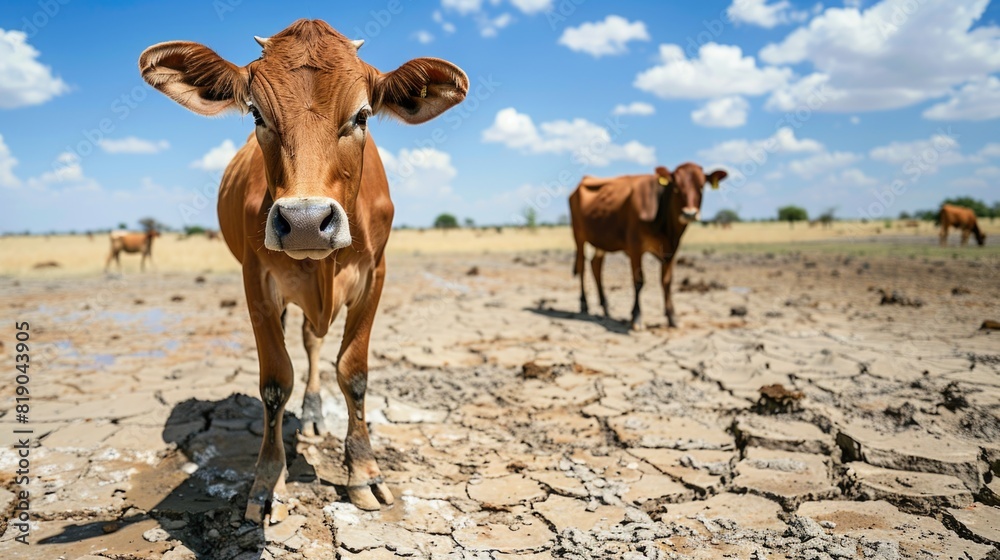 Cows in a dry field under hot sun, suffering from lack of water, earth ...