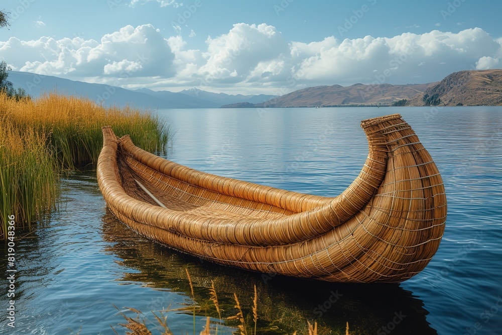 Traditional Reed Boat on Lake Titicaca A traditional reed boat sailing ...