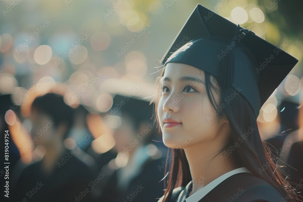 Cinematic photo of Asian students wearing black graduation caps and ...