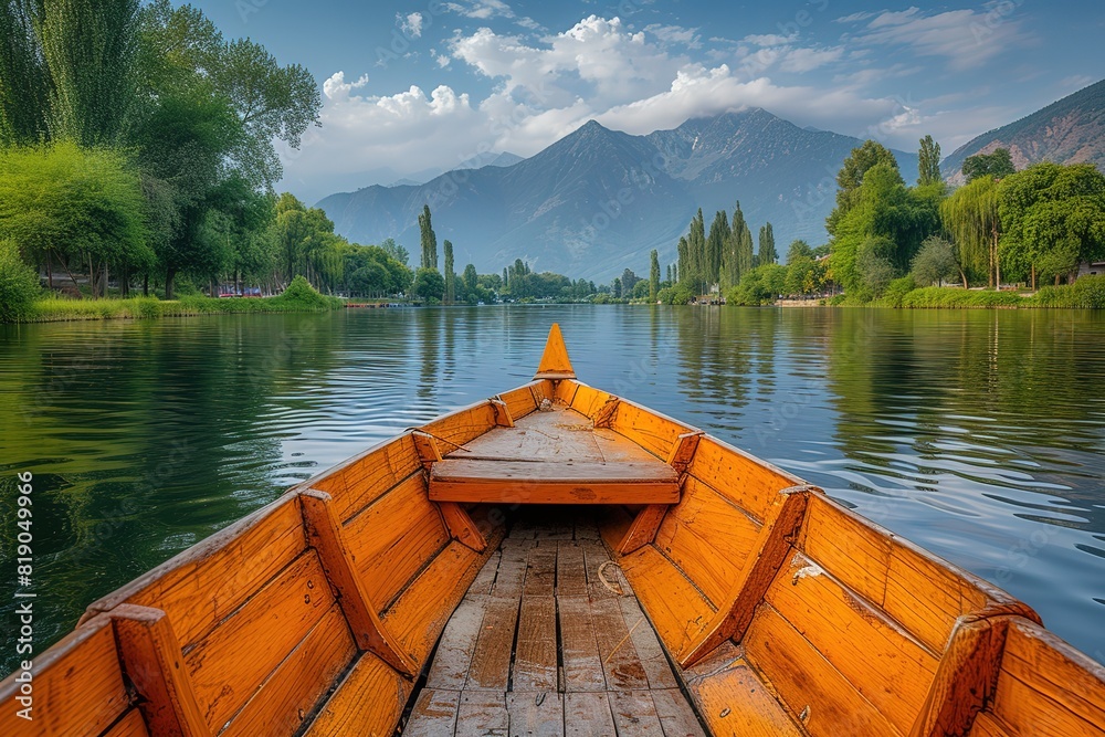 Wooden Shikara Boat in Dal Lake A traditional wooden shikara boat on ...