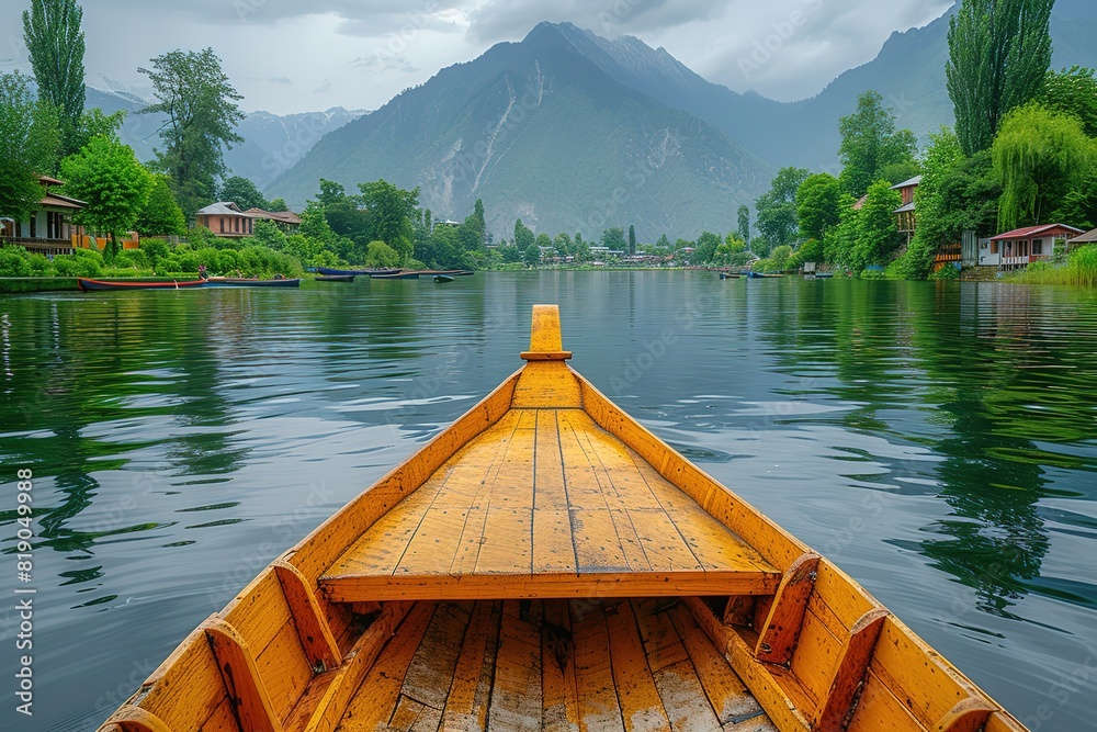 Wooden Shikara Boat in Dal Lake A traditional wooden shikara boat on ...