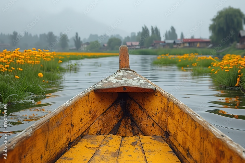 Wooden Shikara Boat in Dal Lake A traditional wooden shikara boat on ...