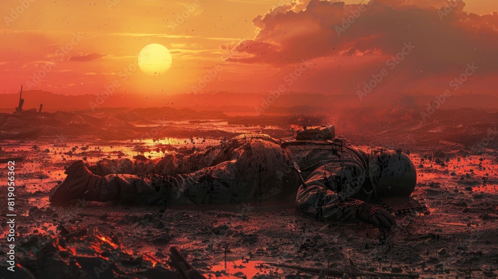 Dead soldier laying down in the mud in front of the sunset, end of the ...