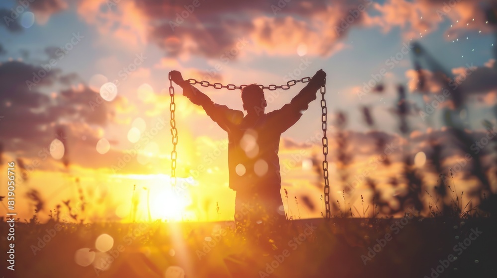 Defocused silhouette of a man breaking free from the chains concept ...