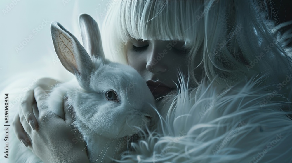 Fashion Surreal Concept. White hair pretty albino girl hugging a white ...