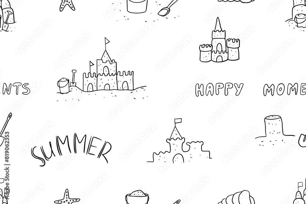 Trendy seamless pattern of sand castles, shovel, sand bucket and text ...
