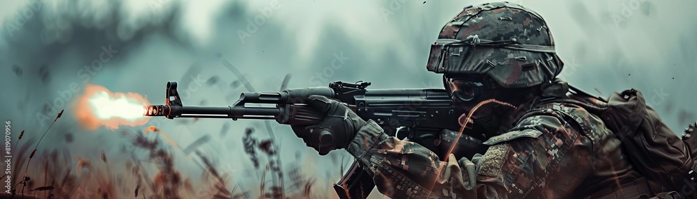 A soldier in full combat gear takes aim with his rifle. The muzzle ...