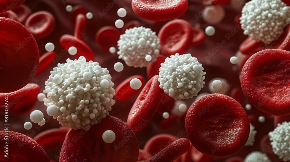 Close-up of red and white blood cells under a microscope, highlighting ...