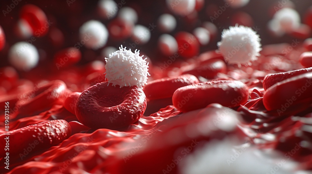 Close-up view of human blood cells with red blood cells and white blood ...