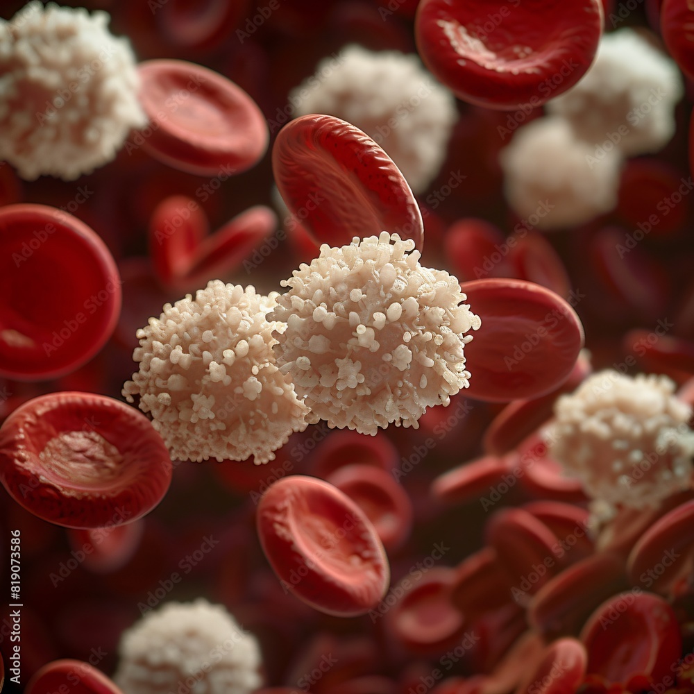 Close-up view of white blood cells and red blood cells under a ...