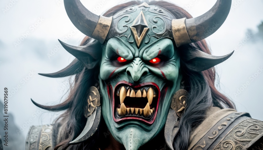 Close-up portrait of a fearsome horned demon with glowing red eyes and ...