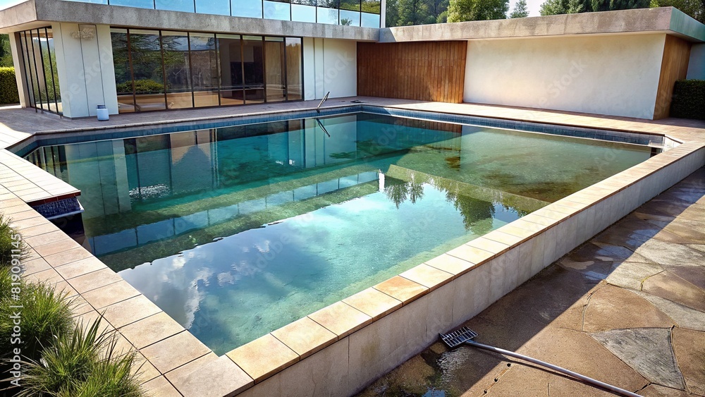 Dirty pool in the courtyard of a private house or cottage. Cleaning and ...