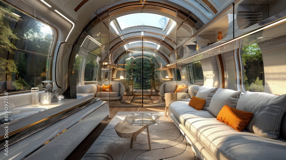 Inside a modern, luxurious train car with large windows showcasing a ...